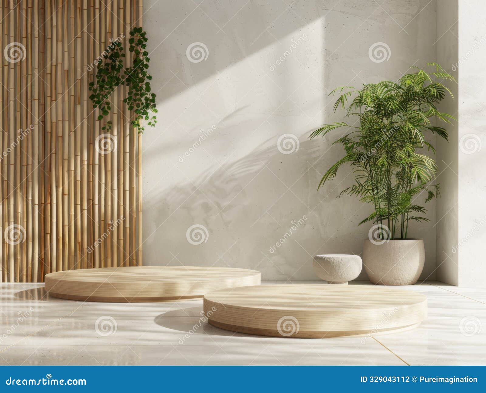Minimalist Wooden Platforms with Bamboo Wall and Greenery Stock ...