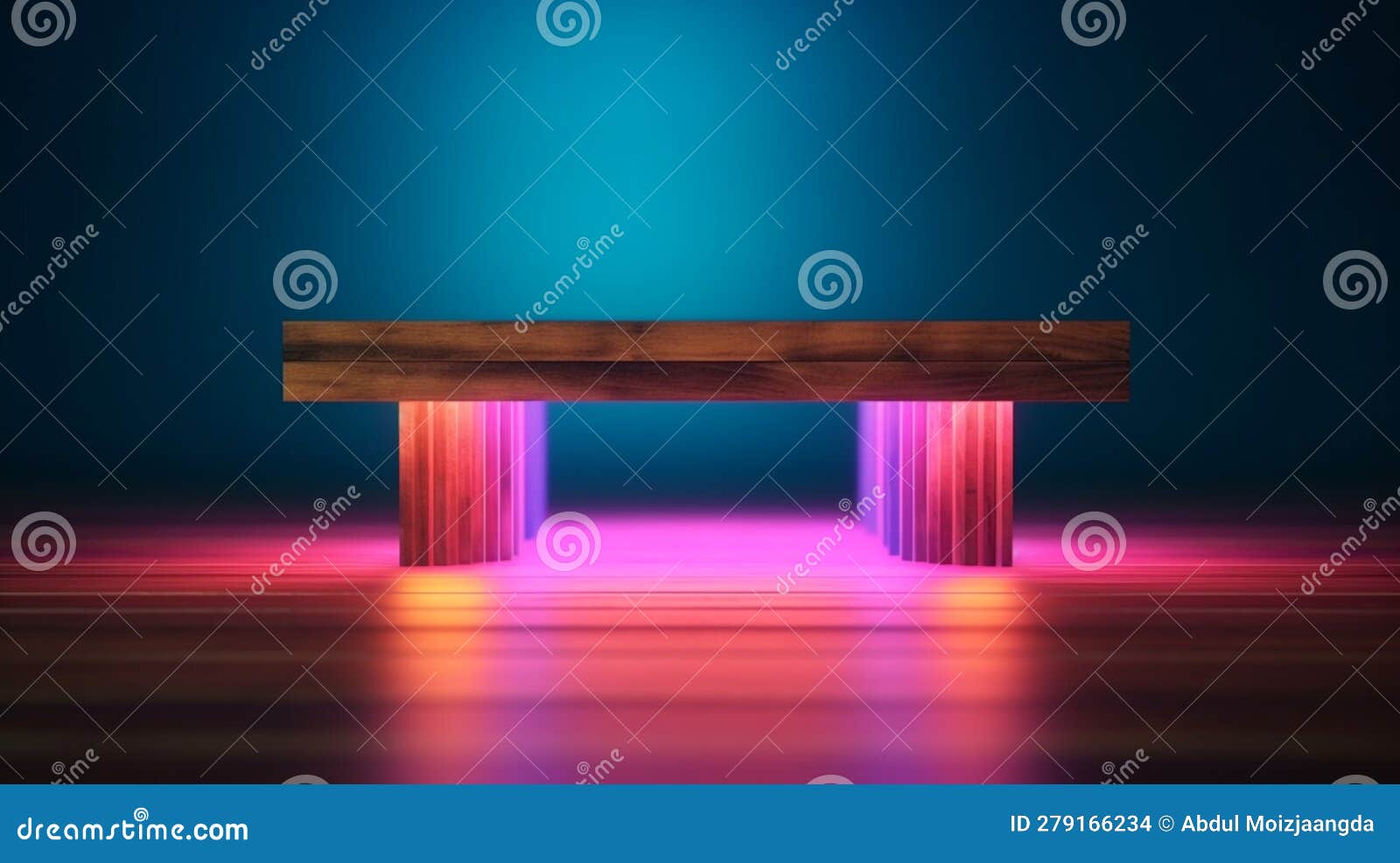 Minimalist Wooden Table Juxtaposed with Blurred Neon Light Backdrop ...