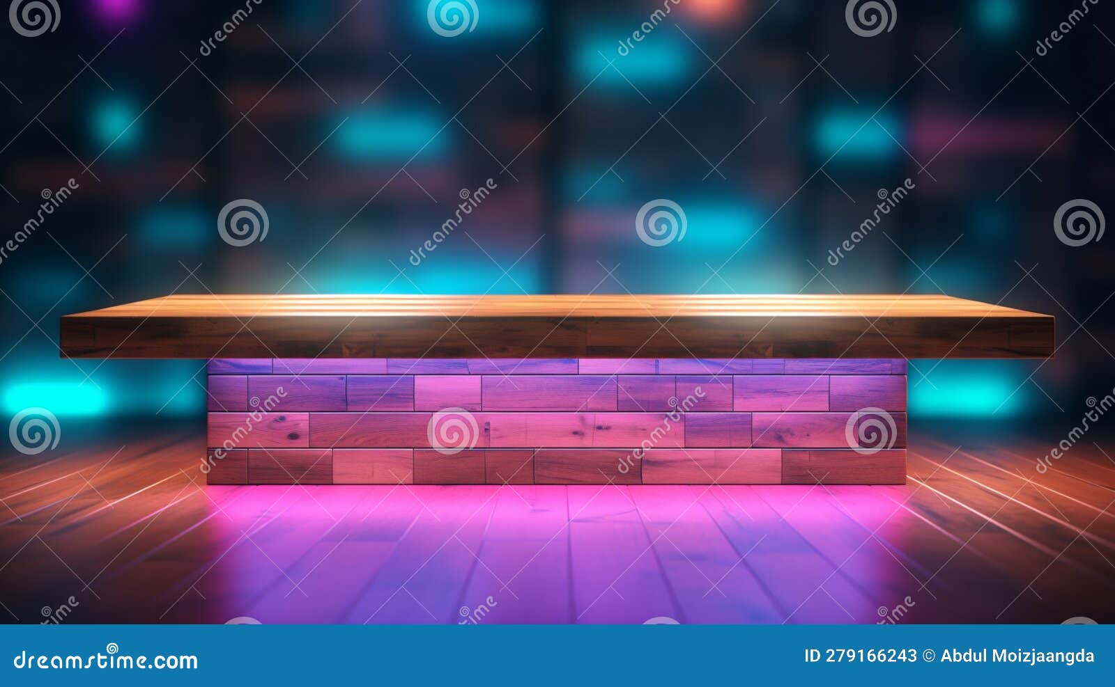 Minimalist Wooden Table Juxtaposed with Blurred Neon Light Backdrop ...