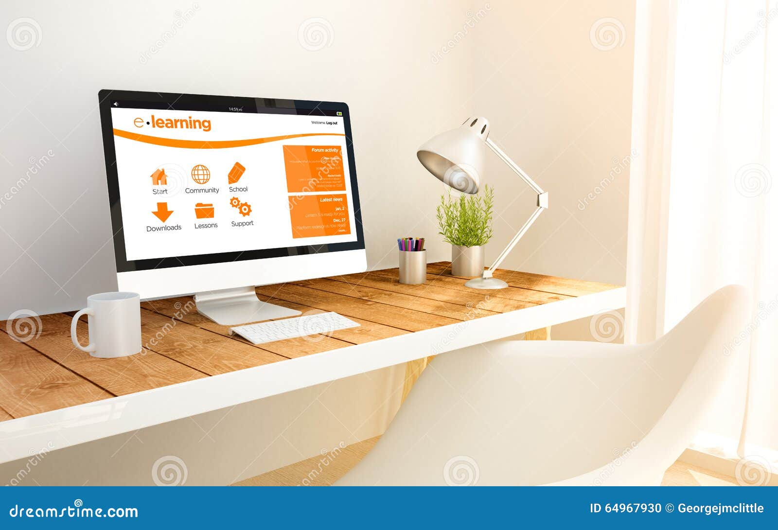 Minimalist Workplace with E-learning Computer Stock Illustration ...