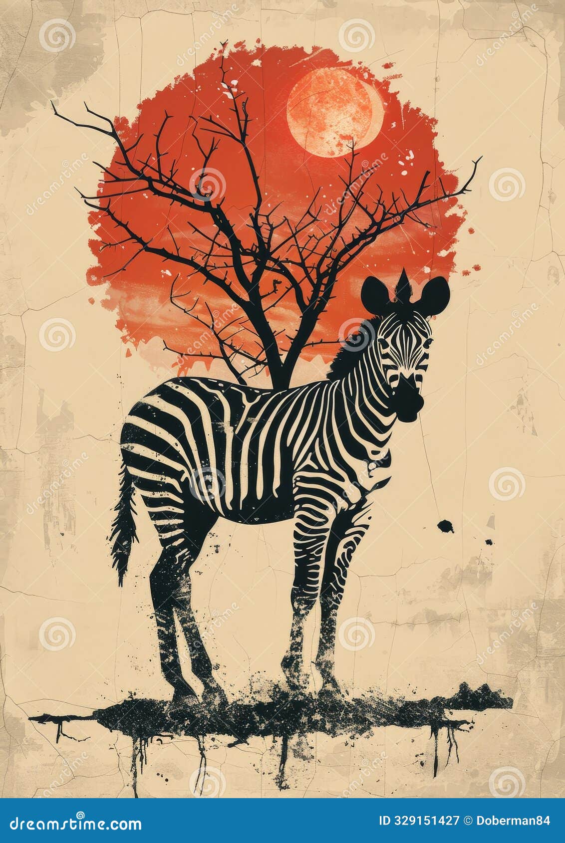 Minimalist Zebra Illustration with Dramatic Sunset and Barren Tree ...