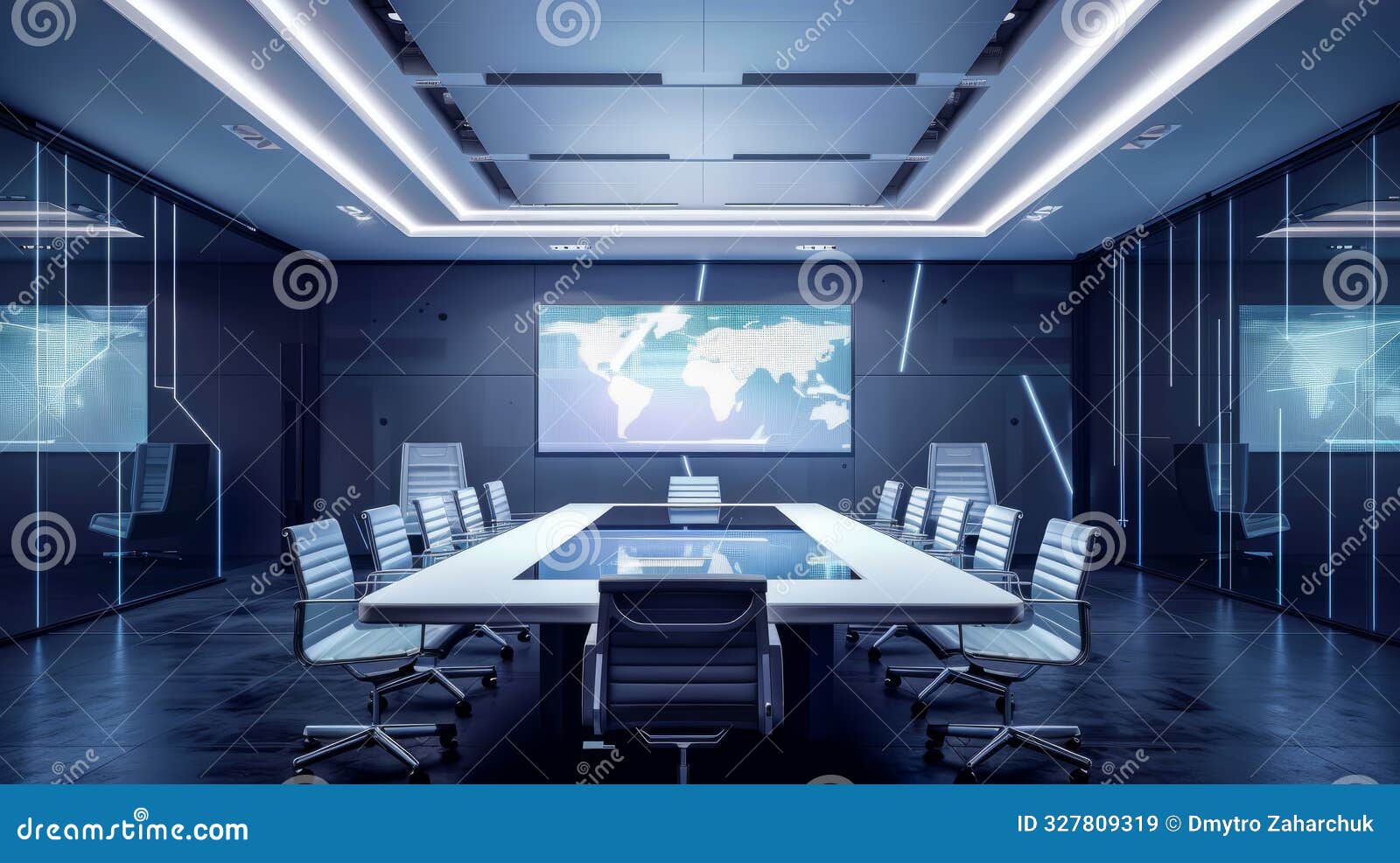 Minimalistic AI Conference Room with Smart Tables, Interactive ...