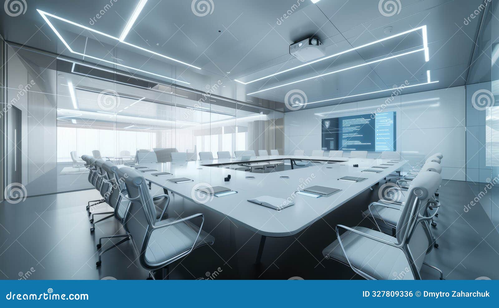 Minimalistic AI Conference Room with Smart Tables, Interactive ...