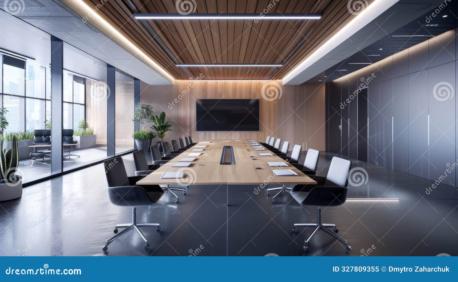 Minimalistic AI Conference Room with Smart Tables, Interactive ...