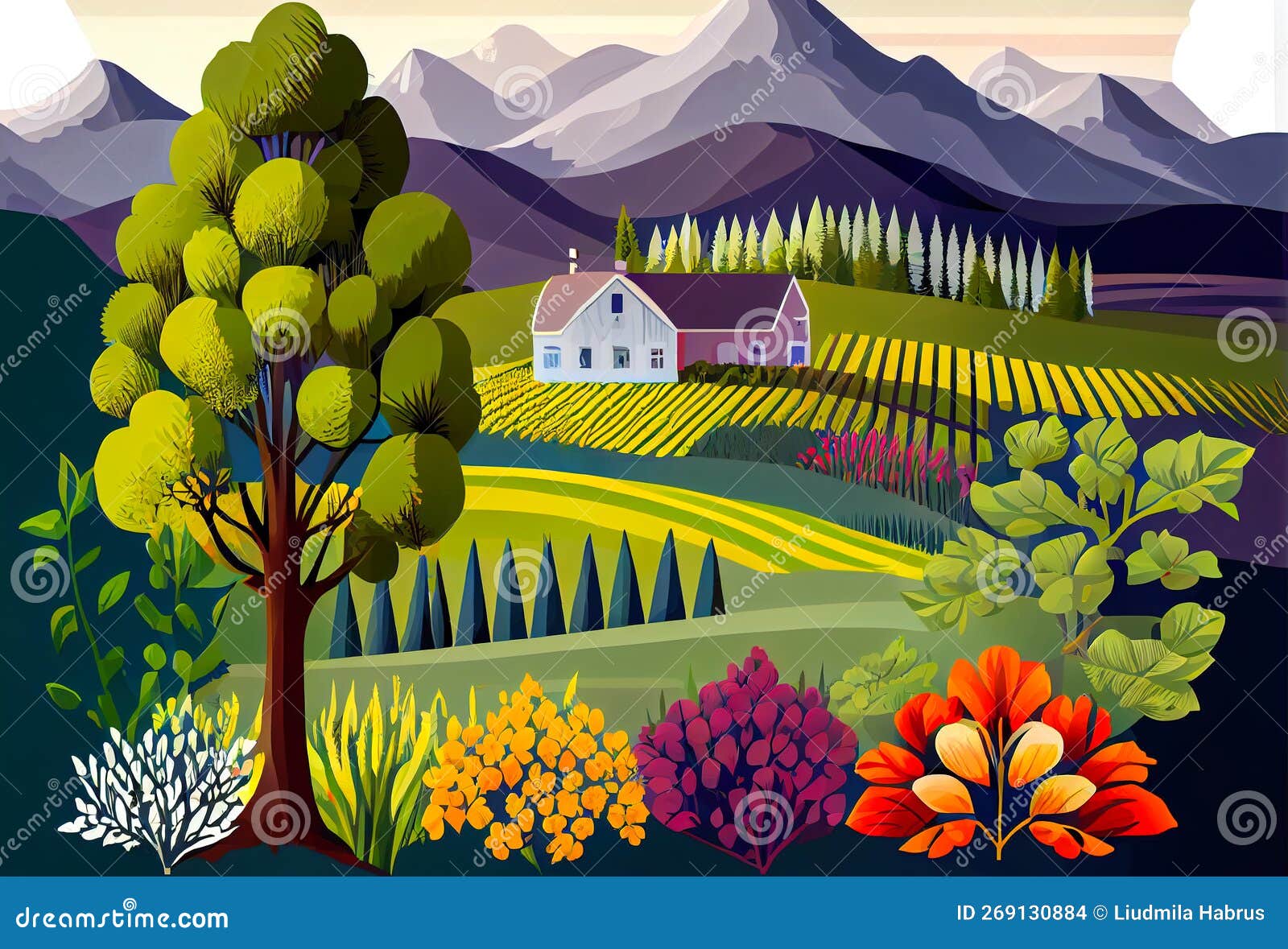 Minimalistic Anime Rural Landscape Fields Mountains and Flowers ...