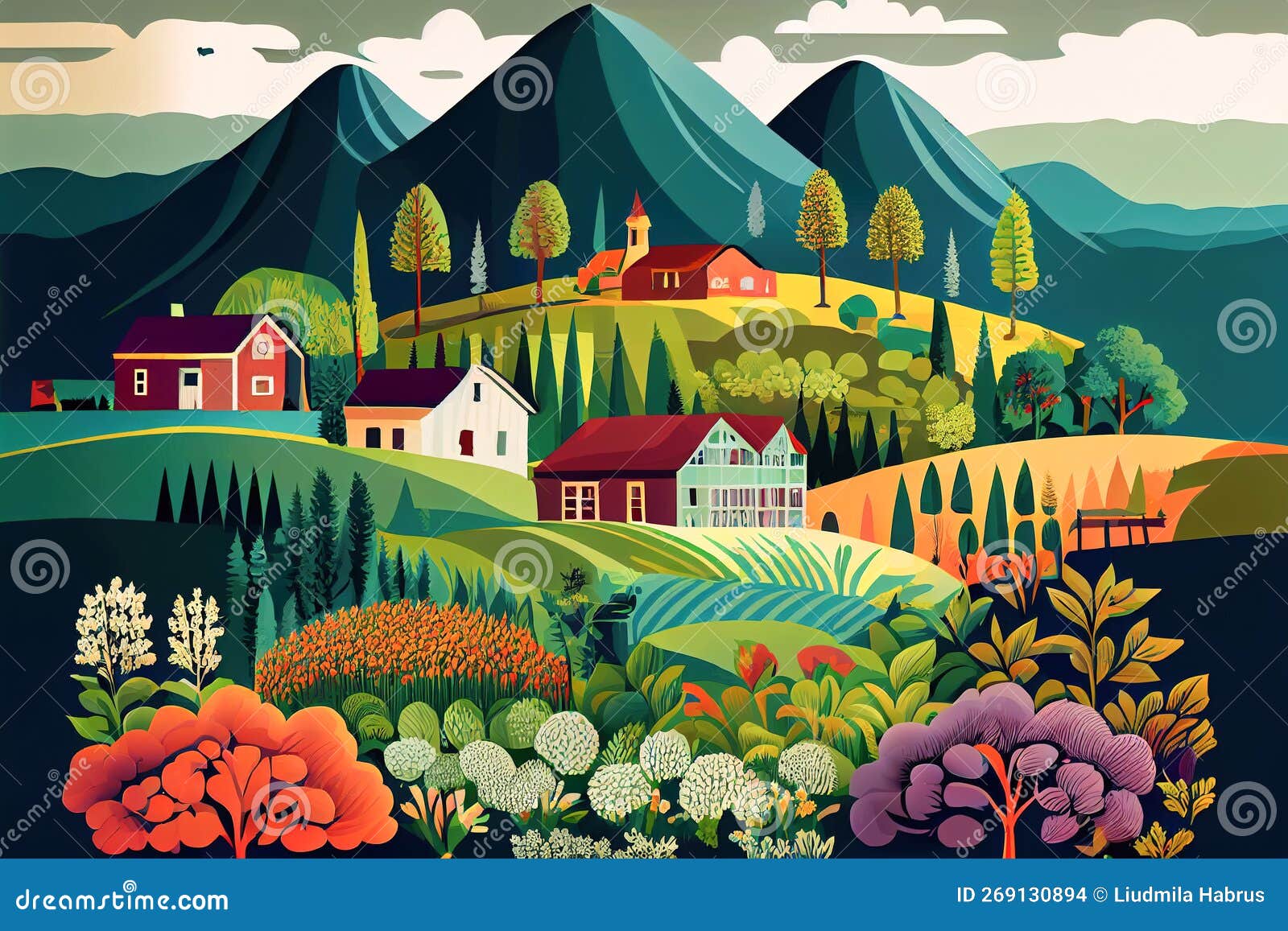 Minimalistic Anime Rural Landscape Fields Mountains and Flowers ...