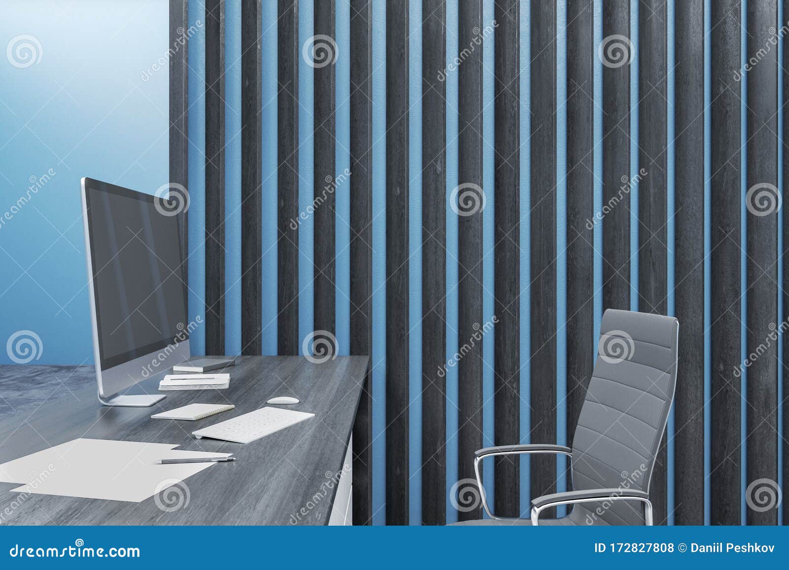 Minimalistic Blue Reception Desk with Computer Stock Illustration ...
