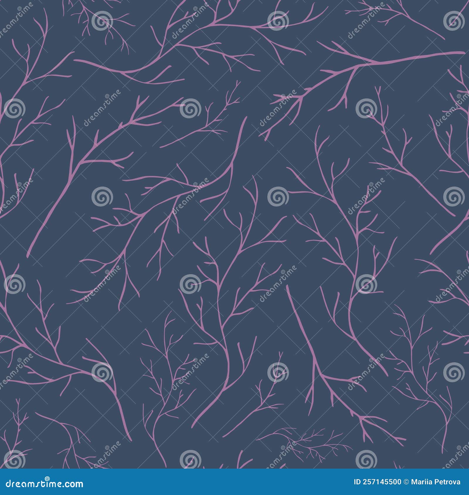 Pink Hand Drawn Branches on Dark Blue Background Repeating Pattern ...