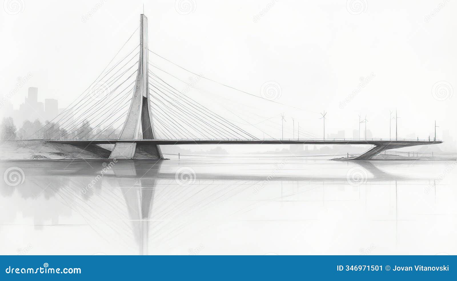 Minimalistic Bridge Drawing with Modern Architecture Over Water Stock ...