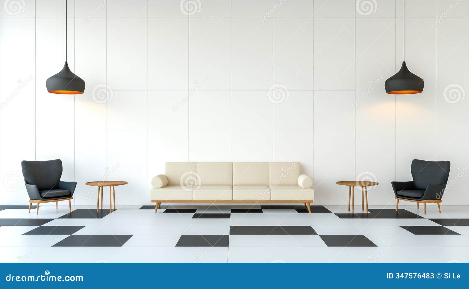 Minimalistic Cafe Interior with Checkered Floor, Sofa, Tables, and ...