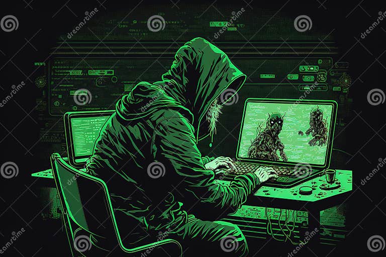 Minimalistic Concept of Alone Hacker Programmer Surrounded by Green ...