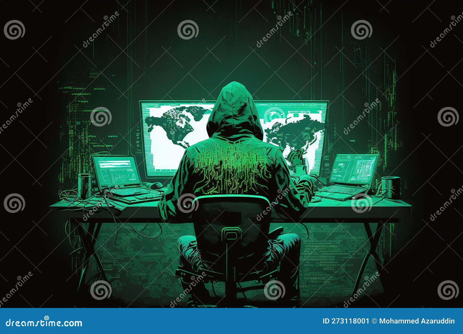 Minimalistic Concept of Alone Hacker Programmer Surrounded by Green Programming Codes in a Dark ...