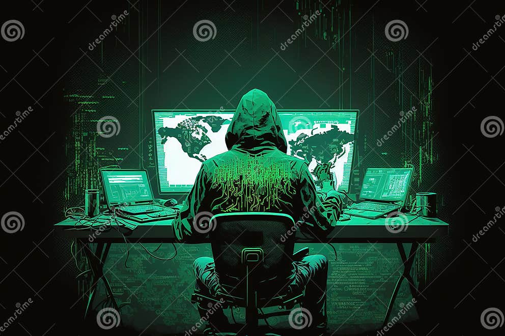 Minimalistic Concept of Alone Hacker Programmer Surrounded by Green Programming Codes in a Dark ...