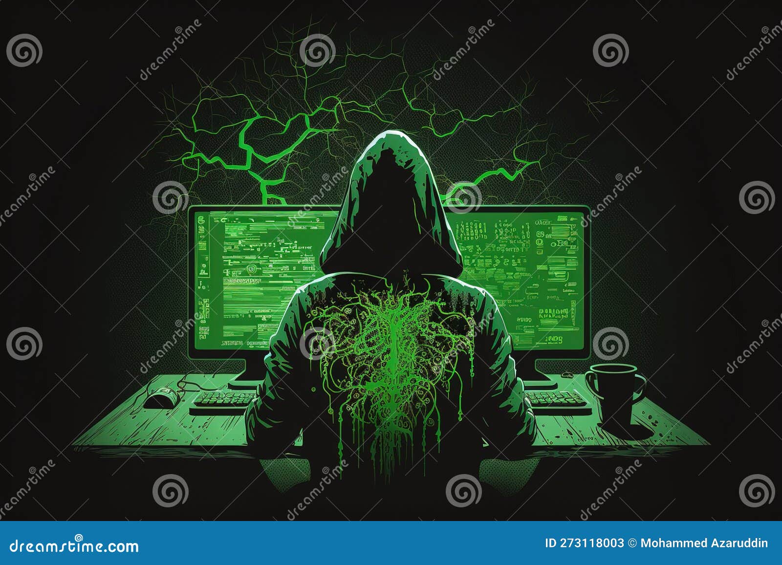 Minimalistic Concept of Alone Hacker Programmer Surrounded by Green Programming Codes in a Dark ...