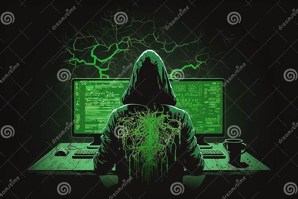Minimalistic Concept of Alone Hacker Programmer Surrounded by Green ...
