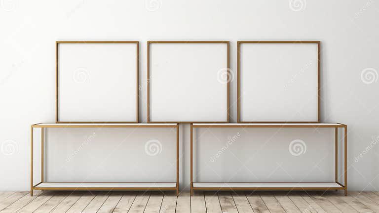 Minimalistic Console Table with Three Golden Frames in Empty White Room ...