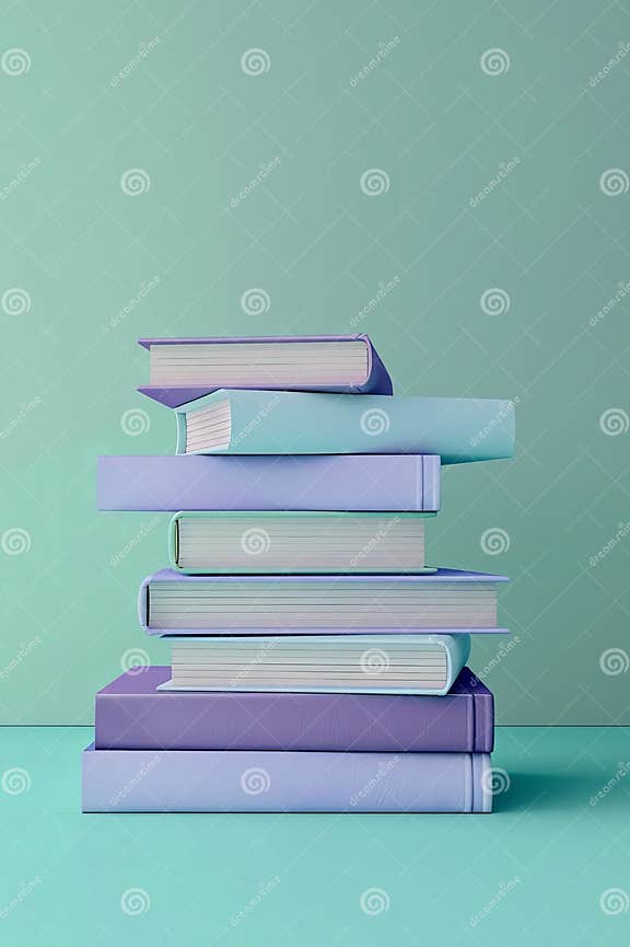 Minimalistic 3D Render of Cartoon-style Stack of Books on Light Blue ...