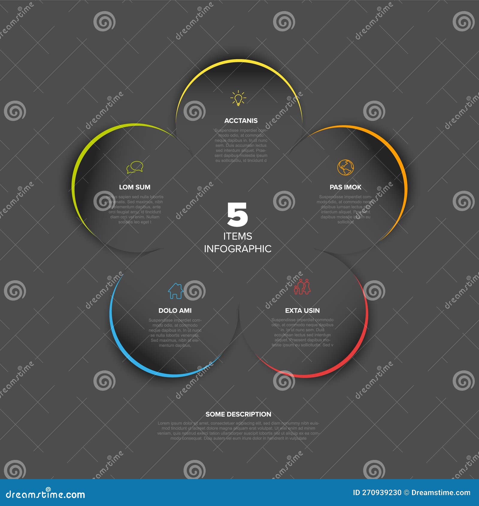 Minimalistic Dark Five Steps Items Elements Template with Color Borders ...