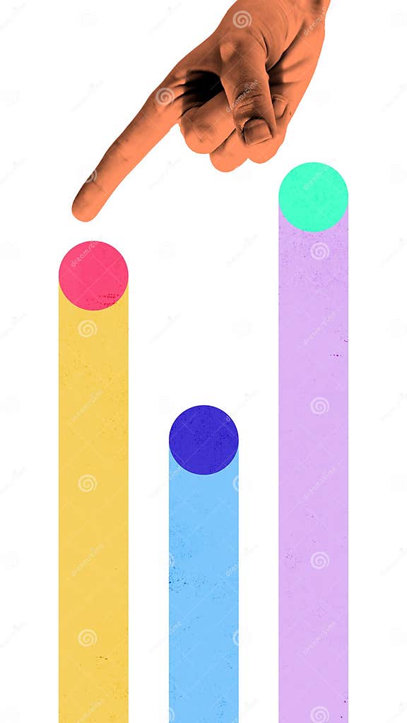 Minimalistic Design with Hand Pointing at Colorful Column Chart, Representing Data Analysis ...