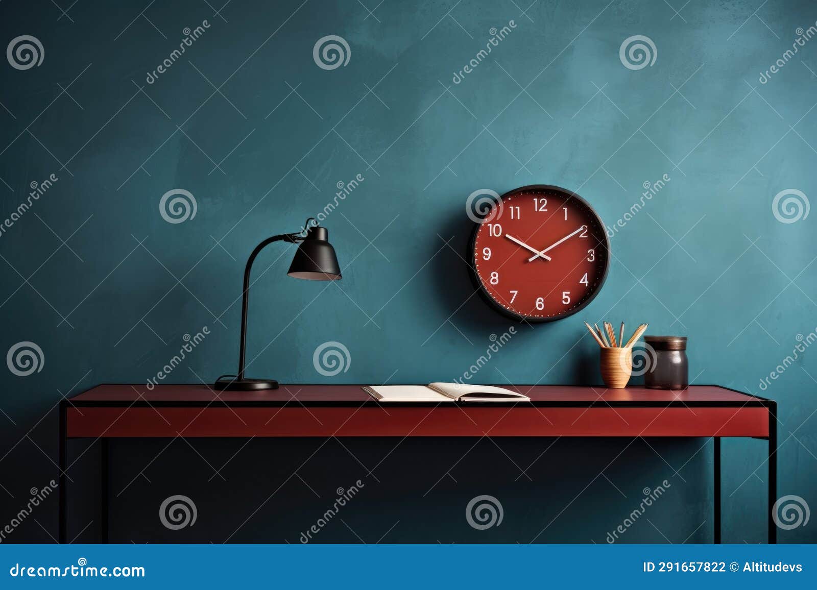 Minimalistic Desk Set-up with Wall Clock Above Stock Illustration ...