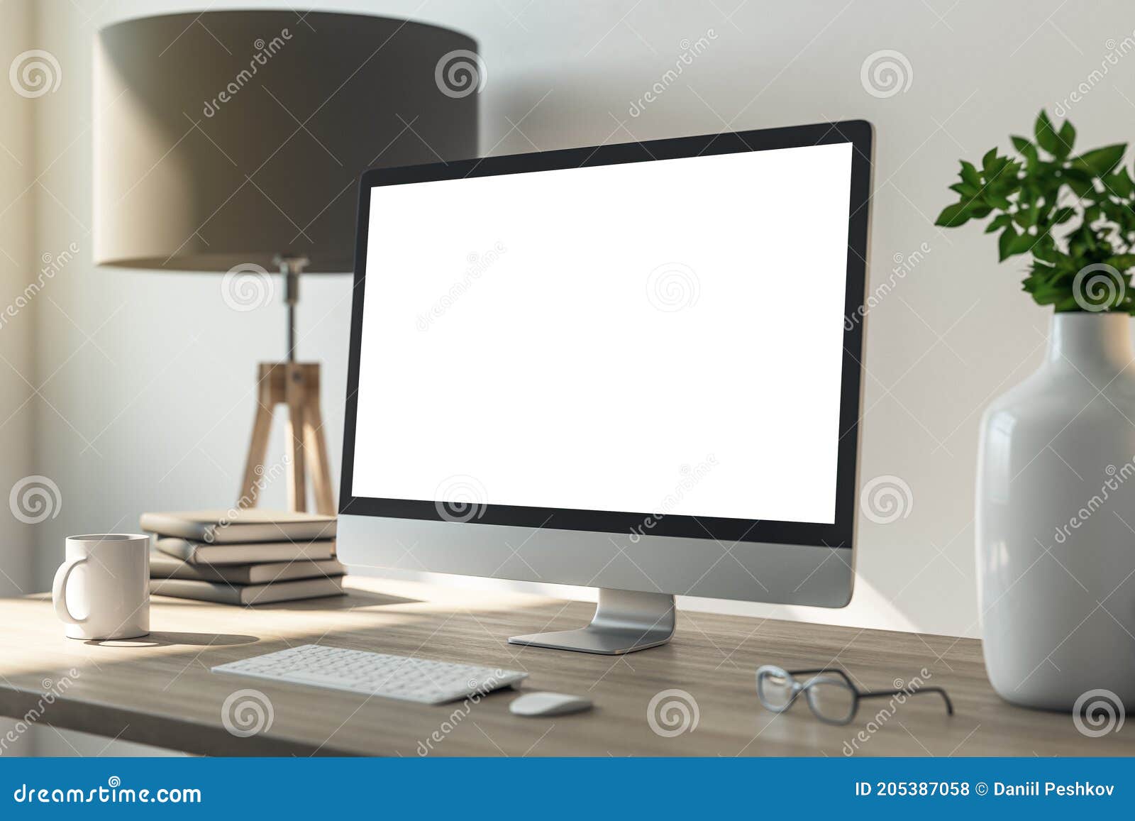 Minimalistic Desktop with Glowing Computer Screen Stock Illustration ...