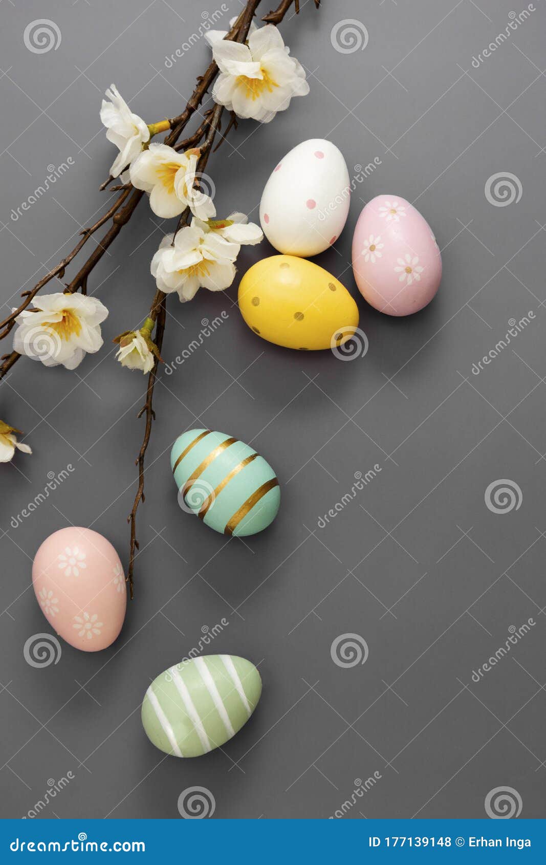 Minimalistic Easter Background with Eggs and Branch with Flowers Stock ...