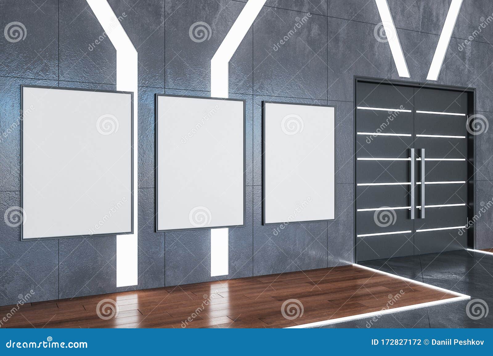 Minimalistic Empty Hall Interior with Three Blank Poster Stock ...