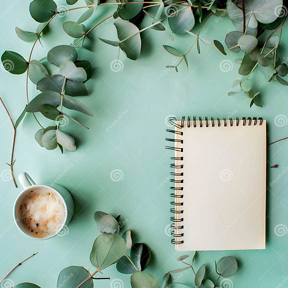 Minimalistic Flat Lay with Notebook Eucalyptus Leaves Stock Illustration - Illustration of ...