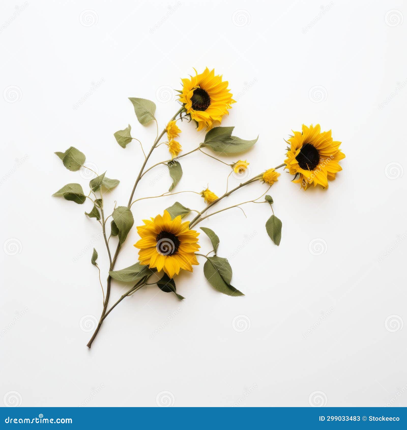 Minimalistic Found Object Composition of Sunflowers on White Surface ...