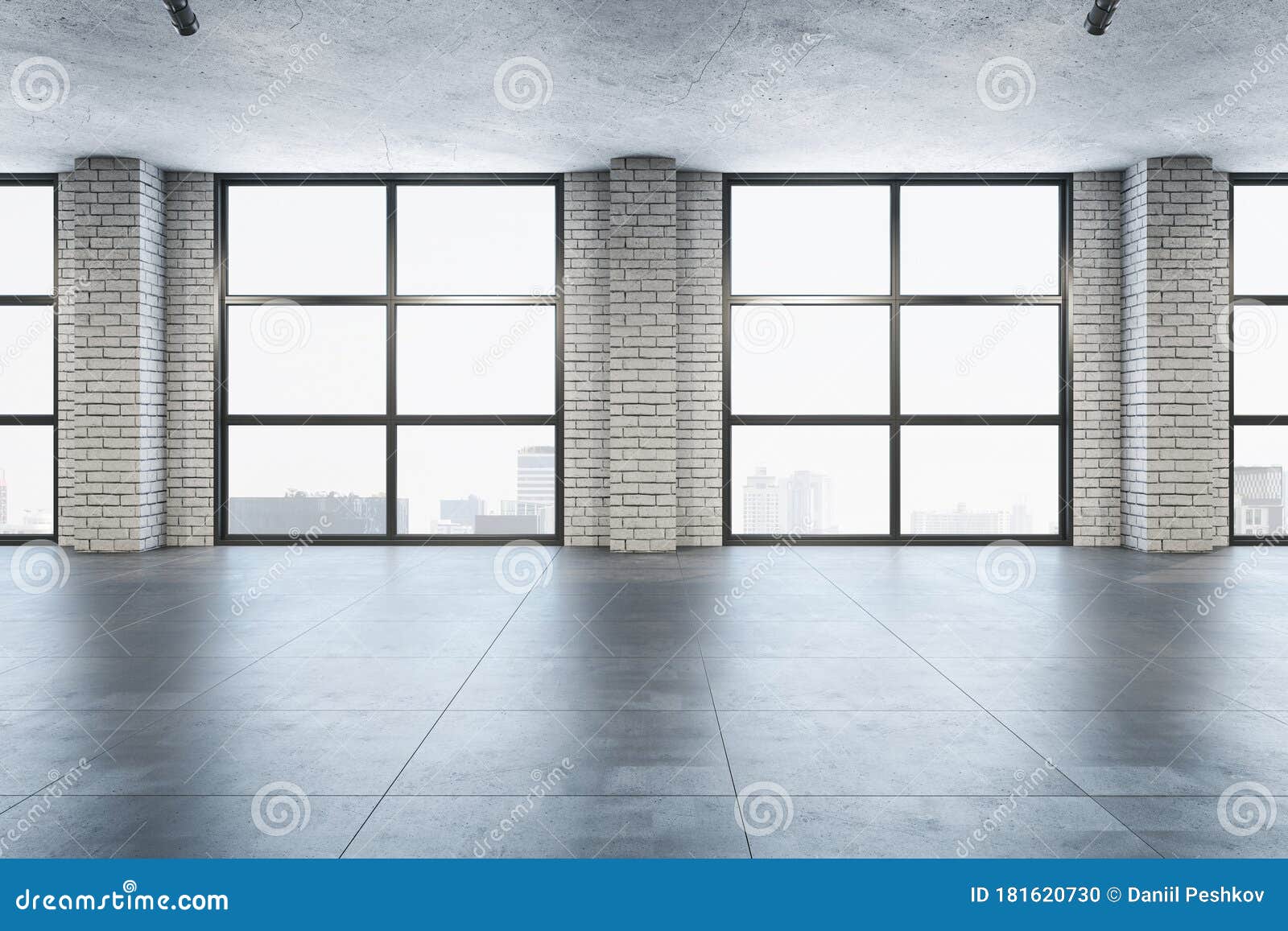 Minimalistic Gallery Interior with Brick Columns Stock Illustration ...