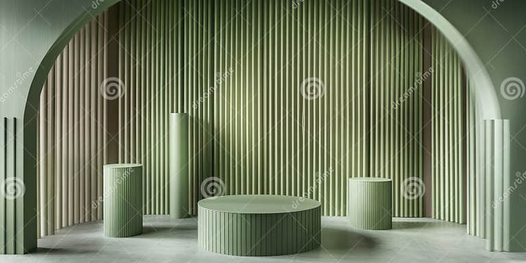 Minimalistic Green Interior with Cylindrical Structures and Arched ...