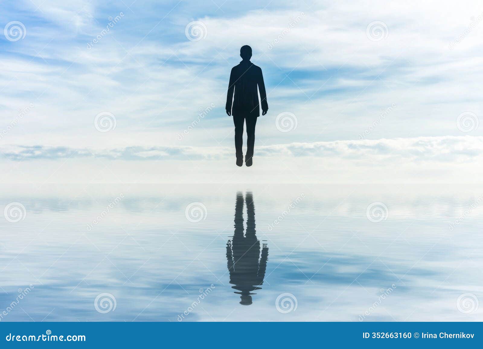 Minimalistic Human Silhouette Floating Above Water in Tranquil Sky ...