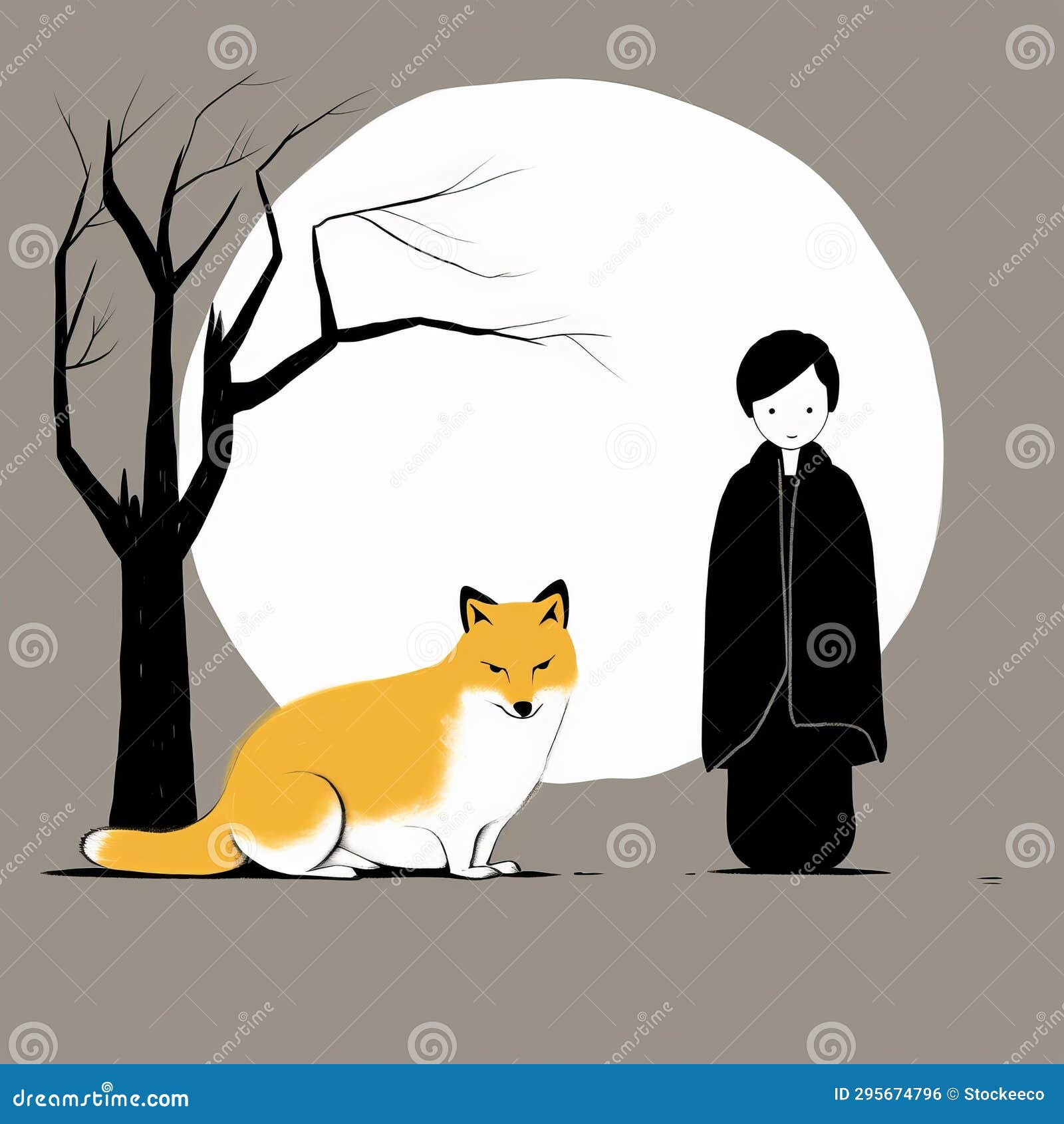Minimalistic Illustration of a Man and a Fox Under the Moon Stock ...