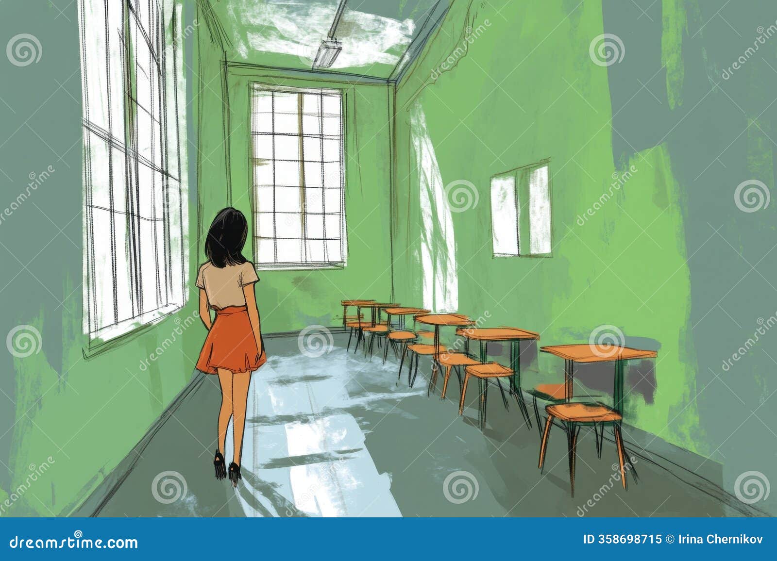 Minimalistic Illustration of a Quiet Classroom with a Solitary Figure ...