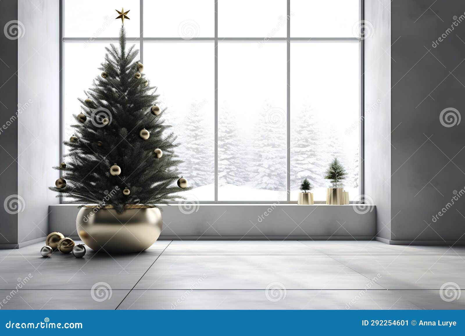 Minimalistic Interior with Big Window and Modest Christmas Tree Stock ...