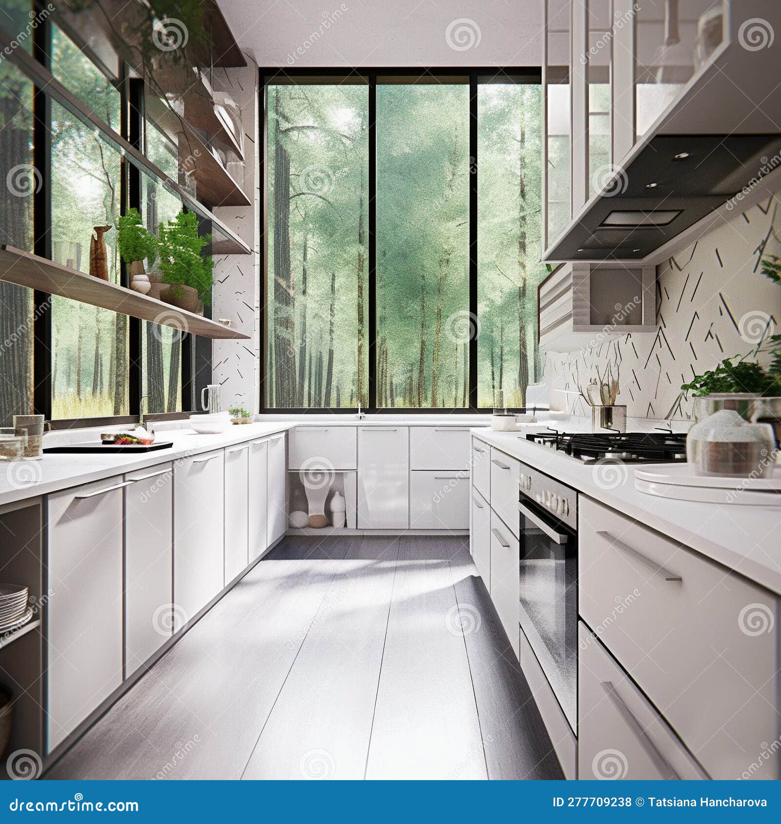 Minimalistic Kitchen Interior with Panoramic Windows and Light Shades ...