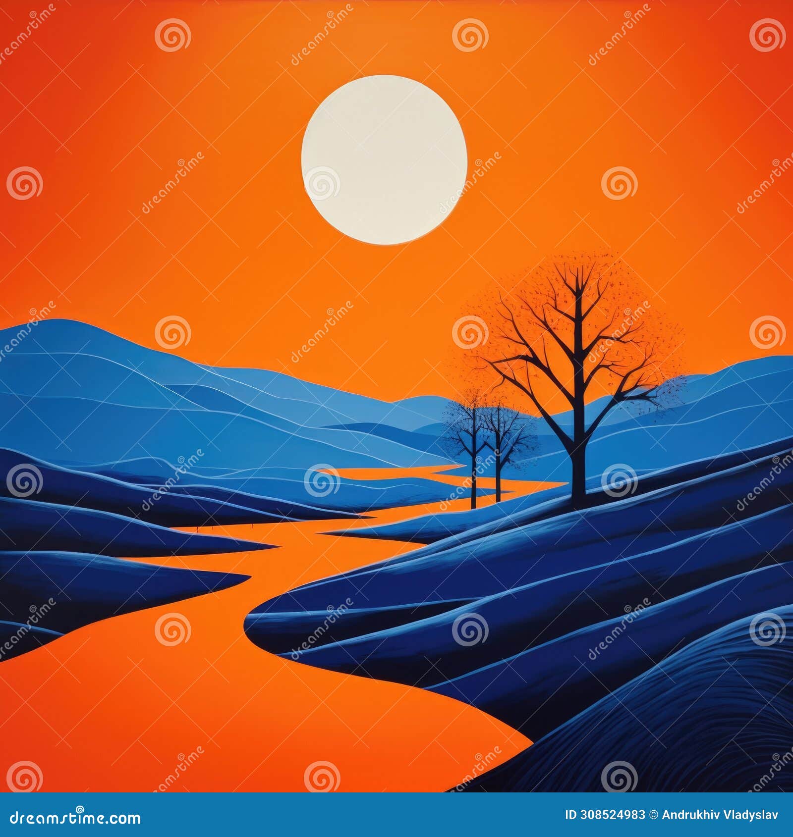 Minimalistic Landscape in Complementary Colors - Blue and Orange Stock ...