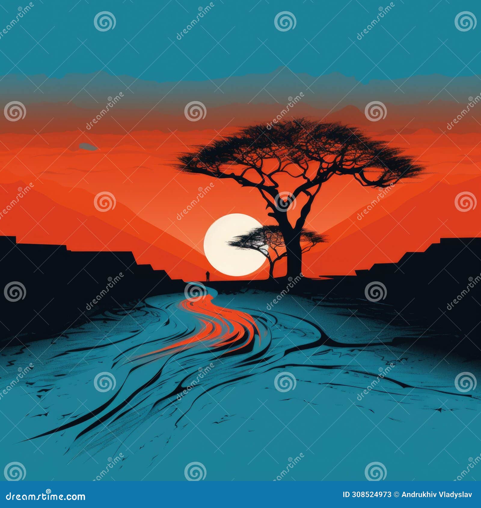 Minimalistic Landscape in Complementary Colors - Blue and Orange Stock ...