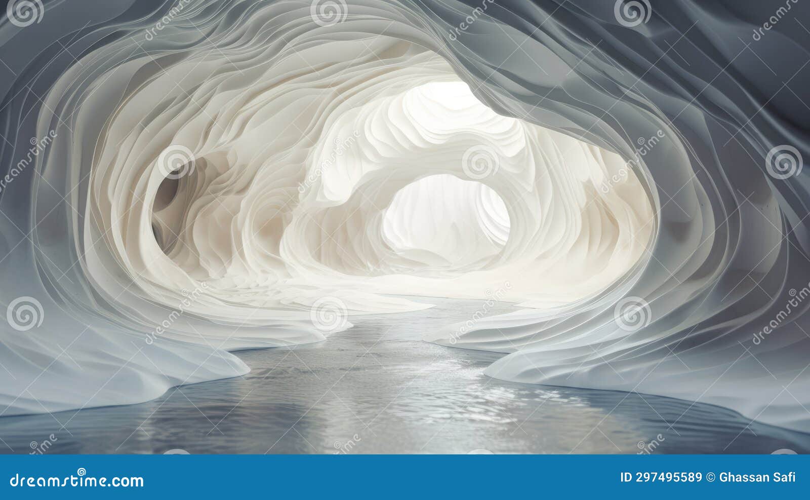 A Minimalistic Landscape Format Illustration of a Cave with a Flowing ...
