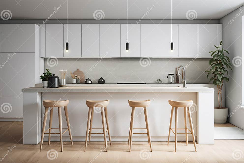 Minimalistic Light Interior of Modern Kitchen with Island and High ...