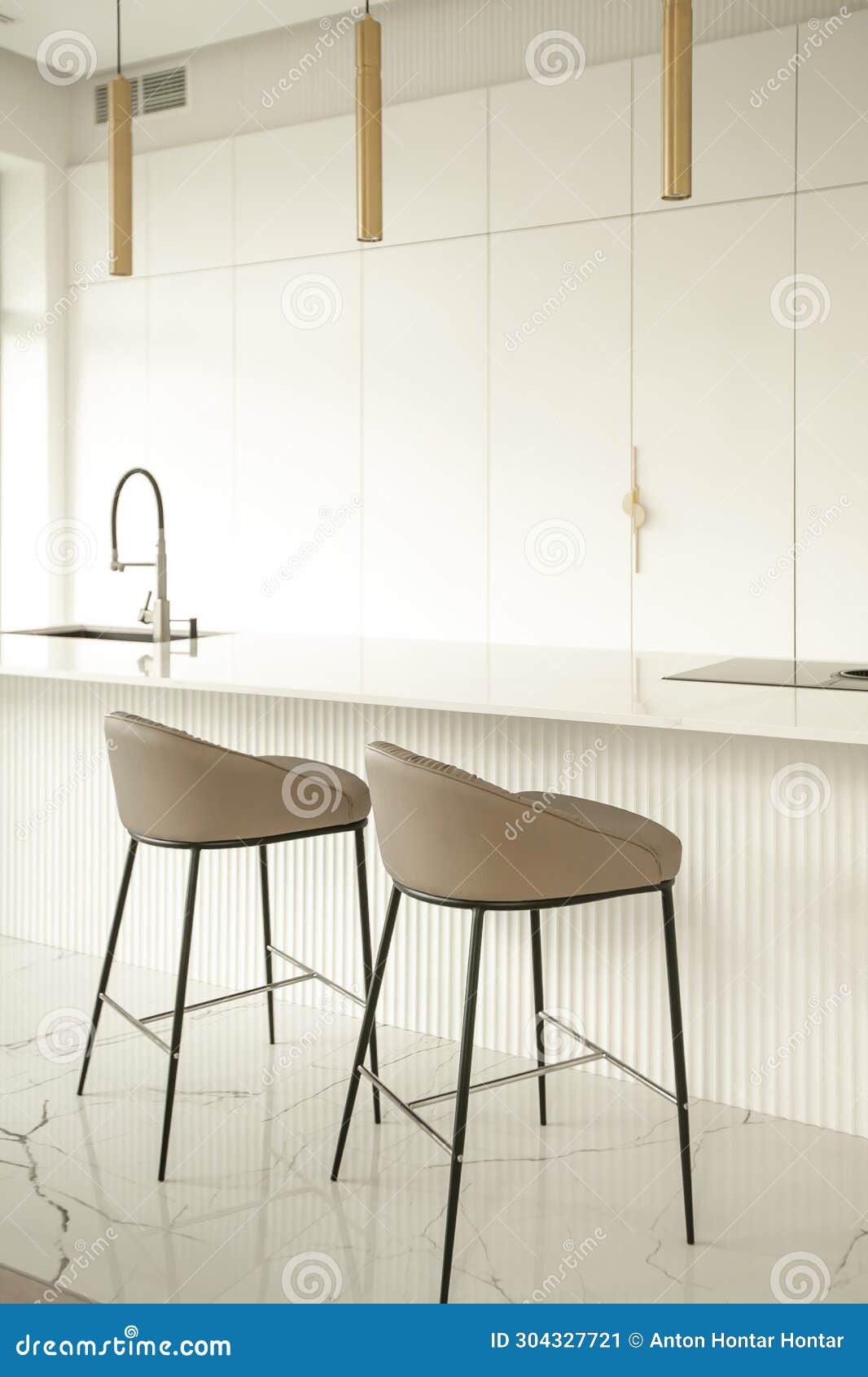 Minimalistic Light Interior of Modern Kitchen with Island and High ...