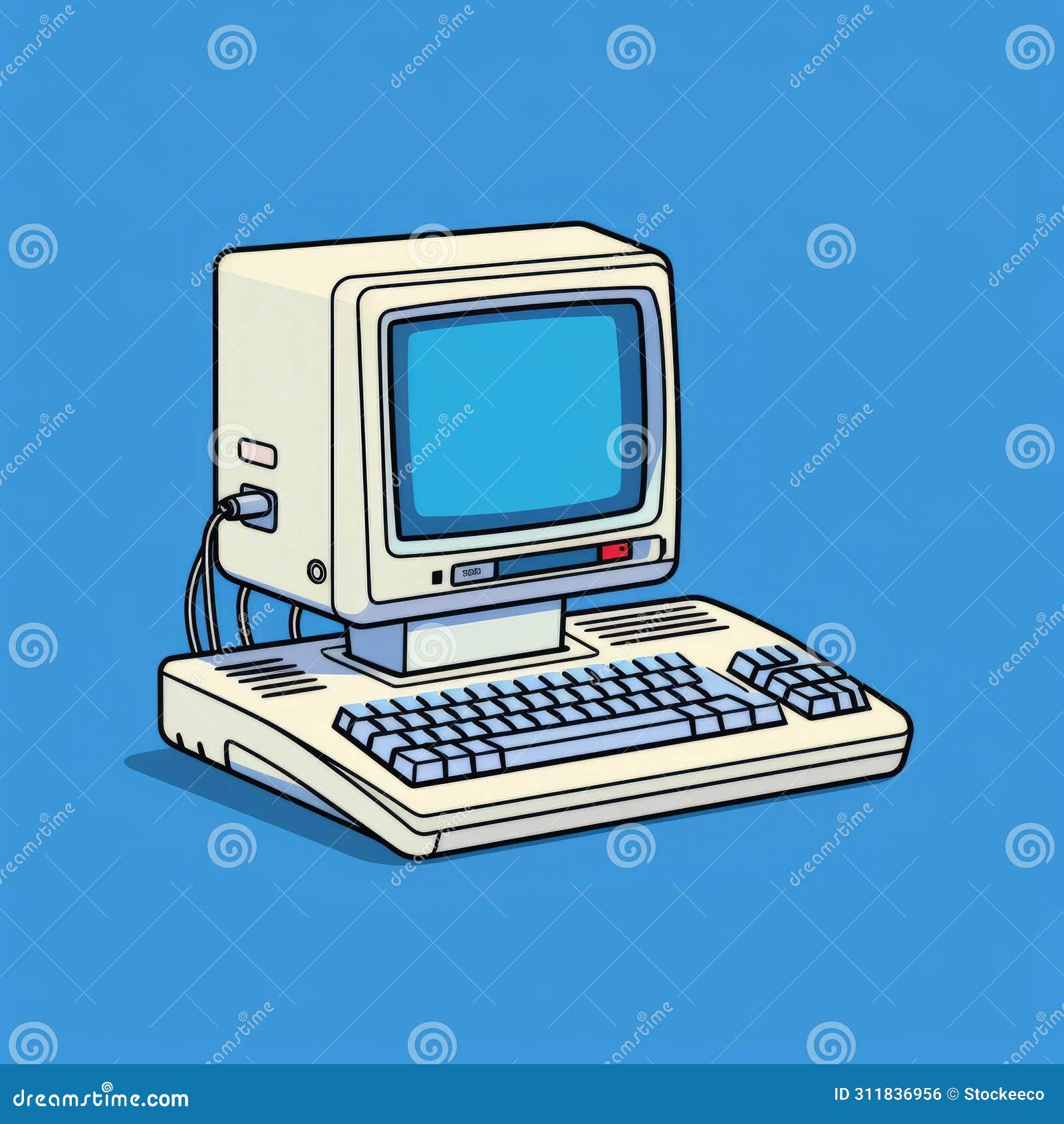 Minimalistic Line Drawing of an Old Computer on Blue Background Stock ...