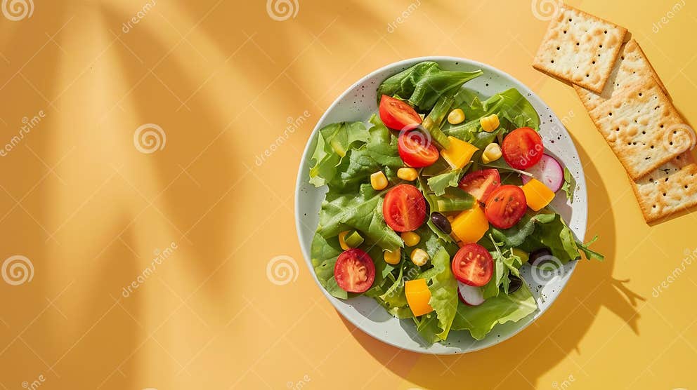 Minimalistic Lunch Scene with a Salad and a Side of Crackers Stock ...