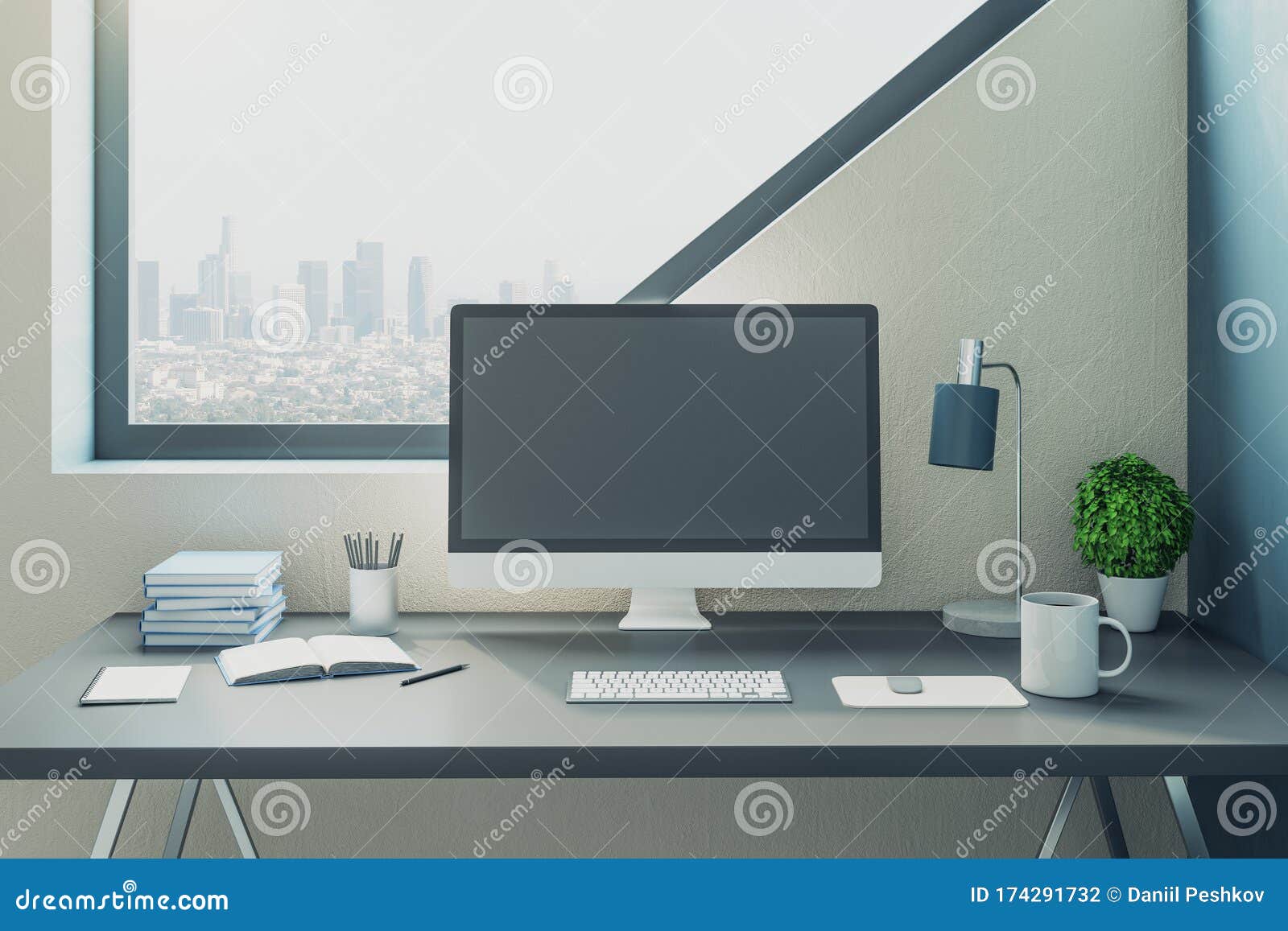Minimalistic Office with Computer on Table Stock Illustration ...