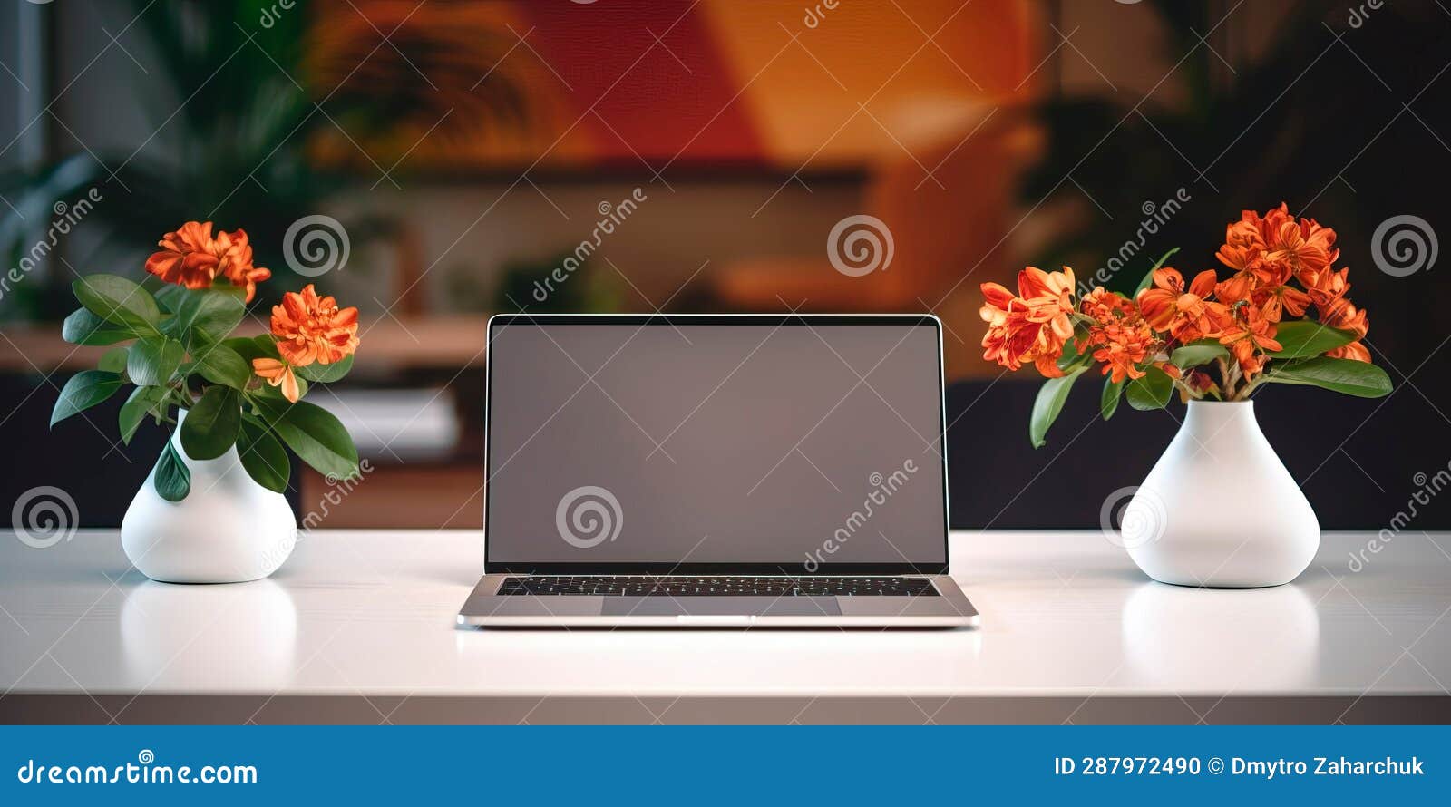Minimalistic Office Desk with a Laptop and One Flower on the Table ...