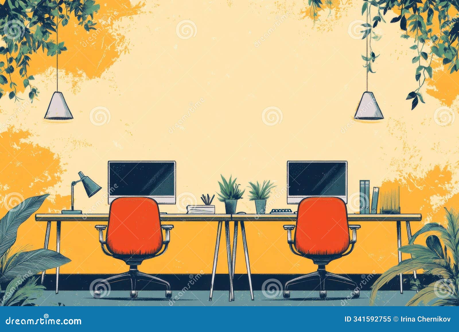 Minimalistic Office Interior with Dual Workstations and Indoor Plants ...