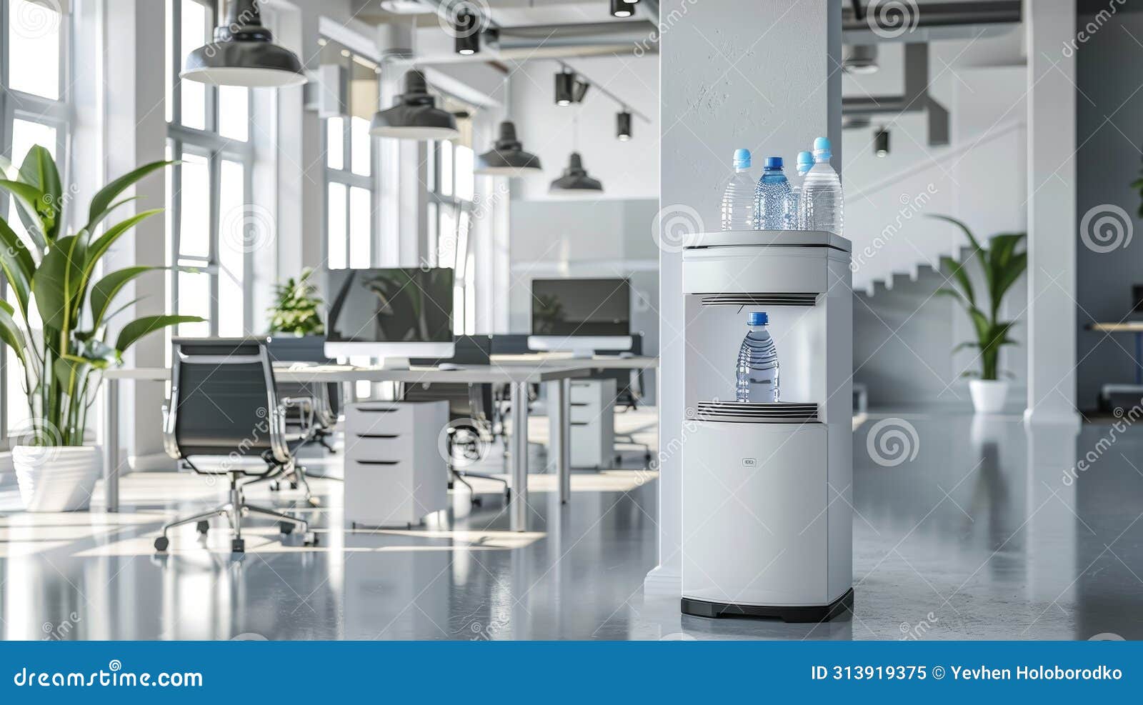 Minimalistic Office Setting with Stylish White and Grey Water Cooler ...