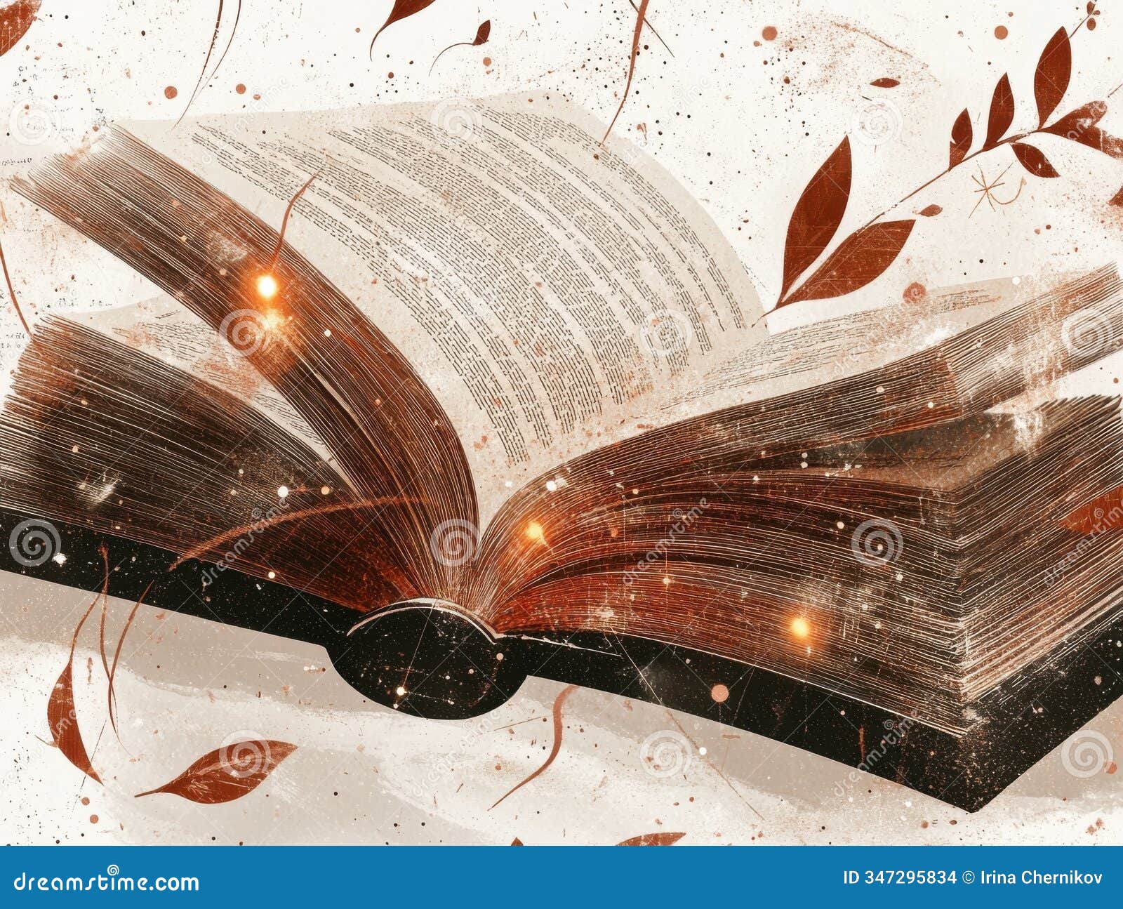 Minimalistic Open Book with Magical Sparkles and Leaves - Imaginative ...