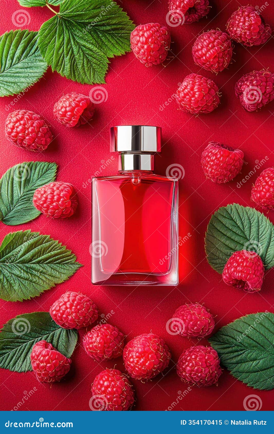 Minimalistic Perfume Bottle with Metallic Cap on Vibrant Red Surface ...