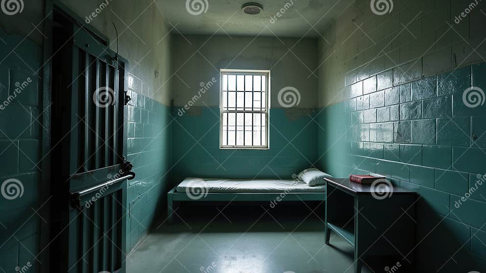 Minimalistic Prison Cell with Bed and Window, Stark and Somber ...